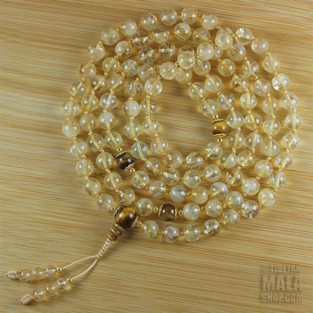 Citrine Knotted Mala, 108 Bead Citrine Mala with Tigers Eye & Gold