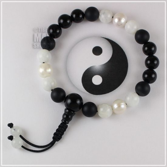 Classic Black & White Wrist Mala ~ Onyx, Moonstone & Pearls