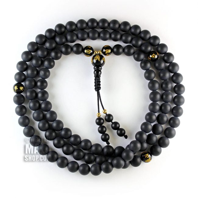 Mantra Mala, 108 Matte Onyx Mala with Carved Mantra Beads