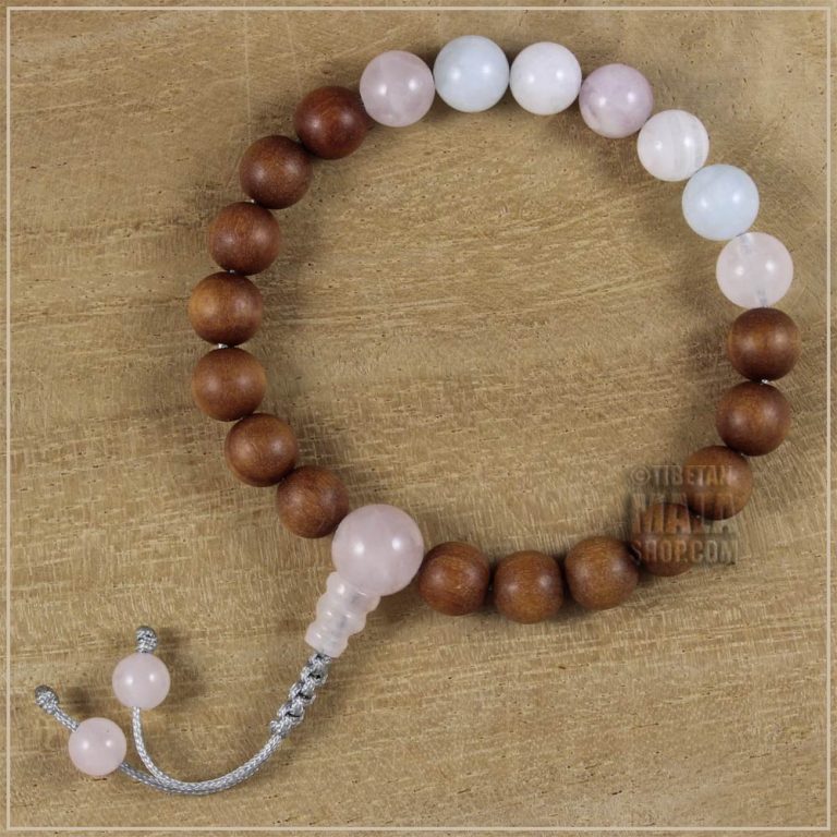Meditation Wrist Mala: Sandalwood, Rose Quartz, Aquamarine, Moonstone