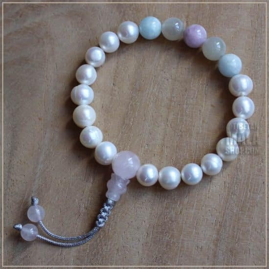 Pearl Peace Wrist Mala with Aquamarine, Moonstone & Kunzite