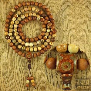 Picture Jasper Mala, Sandalwood & Dzi Beads, Buddhist Mala