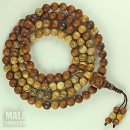 Picture Jasper Mala, Sandalwood & Dzi Beads, Buddhist Mala