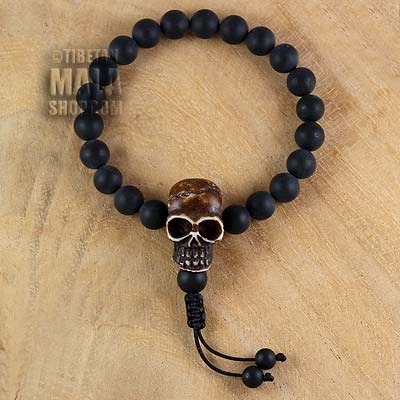 Black Skull Wrist Mala Beads - Tibetan Buddhist Wrist Mala